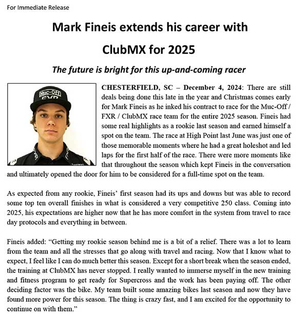 Mark Fineis Extends His Career with Club MX for 2025 | Direct Motocross ...